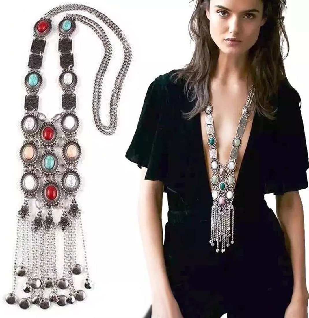 Tpocean Vintage Retro Rhinestone Silver Gold Turquoise Long Boho Bohemian Statement Ethnic Tribal Necklace for Women