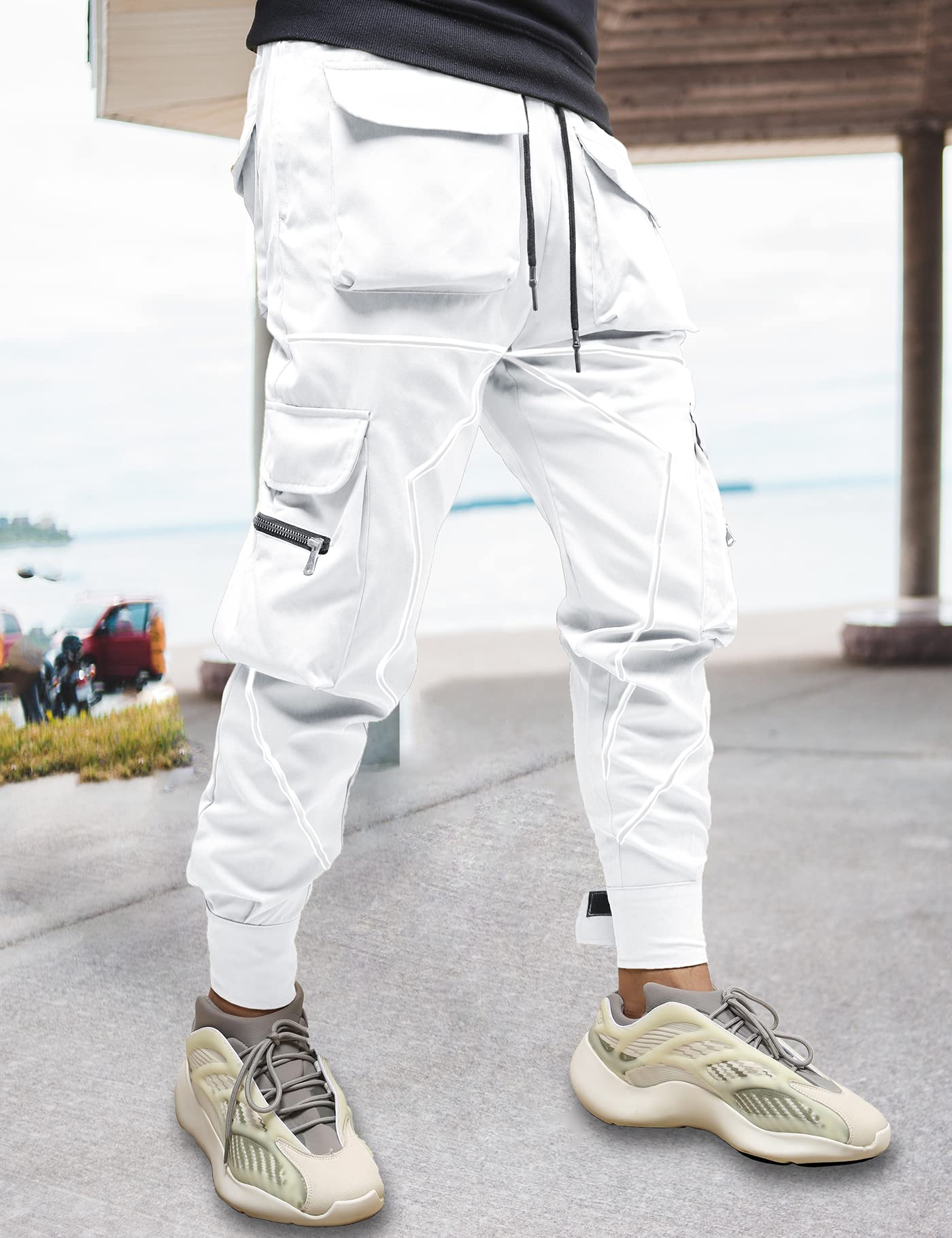 Zbrandy Mens Cargo Pants Techwear Hip Hop Harem Pant Jogging Punk Jogger Sweatpants with Pockets White M
