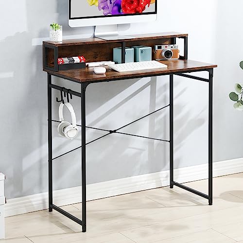 TEAMIX 32 inch Computer Desk with Shelf Study Writing Home Office Desk with Monitor Stand Vanity Table Mini Laptop Desk with Hooks 3D Printer Stand