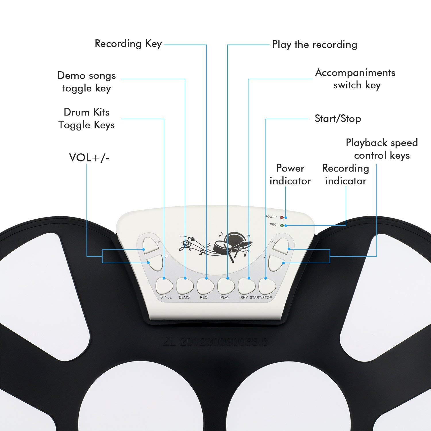 Vazussk Portable USB Electronic Roll up Drum Pad Kit Silicon Foldable Drum Set with Stick Foot Switch Pedal