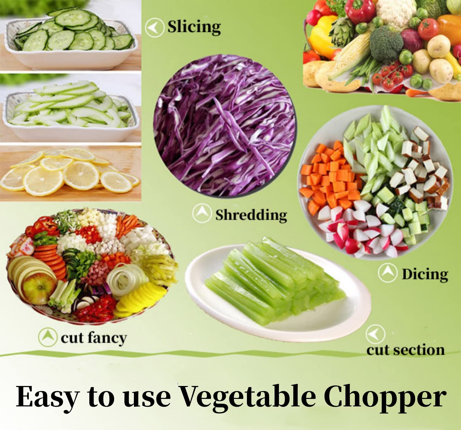 Vegetable Chopper,Onion Chopper,Multi-functional Food Slicer with Large Container,Black Adjustable Vegetable Cutter with draining basket Stainless steel blade,Safe Removable Blades for Easy Cleaning