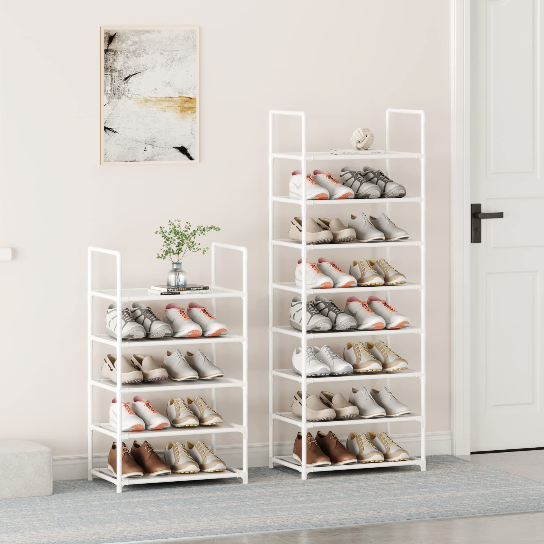 Vockot 5 Tier Stackable Small Shoe Rack,Narrow Sturdy Shoe Shelf Organizer, Non-Woven Fabric Metal Free Standing Shoe Racks for Entryway, Doorway and Closet(White)