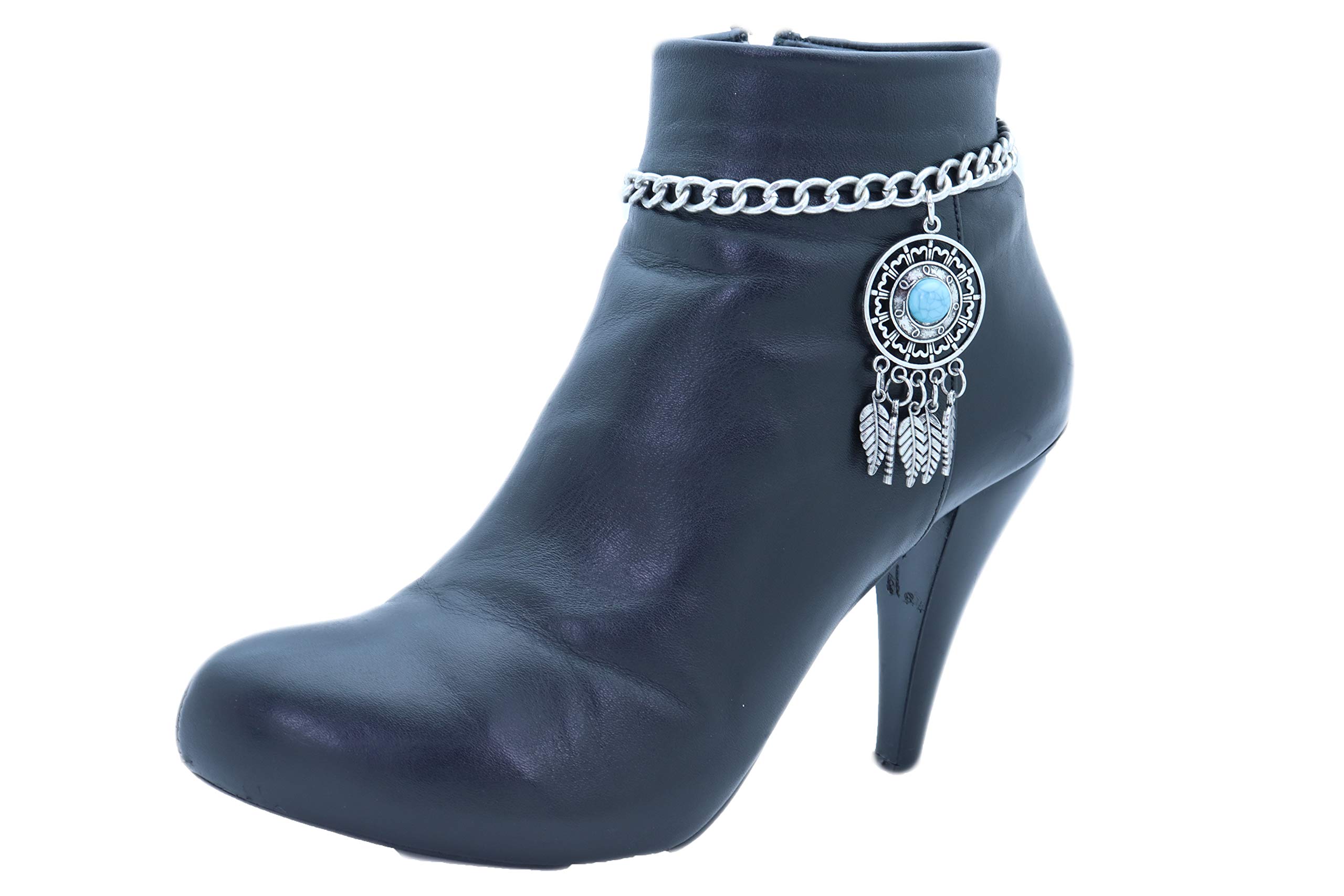 TFJ Women Western Fashion Jewelry Boot Bracelet Silver Metal Chain Shoe Native Style Feather Charm Turquoise Blue