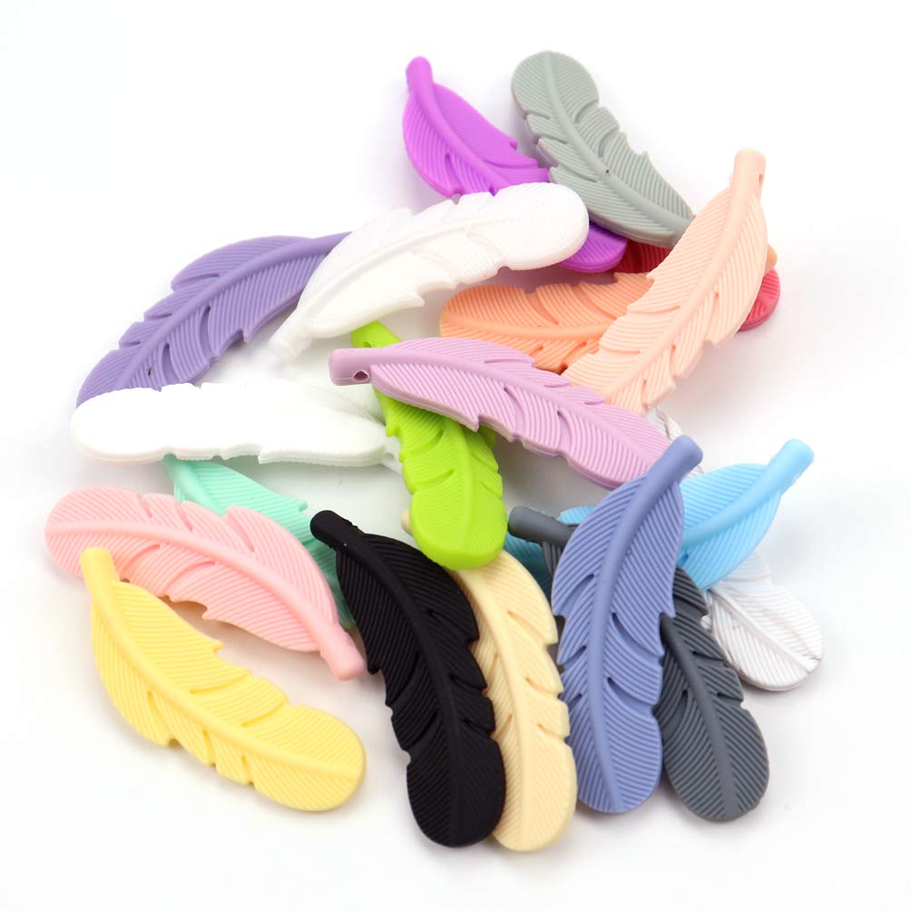 Weekjoey 20Pcs Feather Silicone Beads Jewelry Makeing DIY Bracelet Necklace Pendant Mix 20 Colors Soft Colorful Loose Beads Handmade Supplies