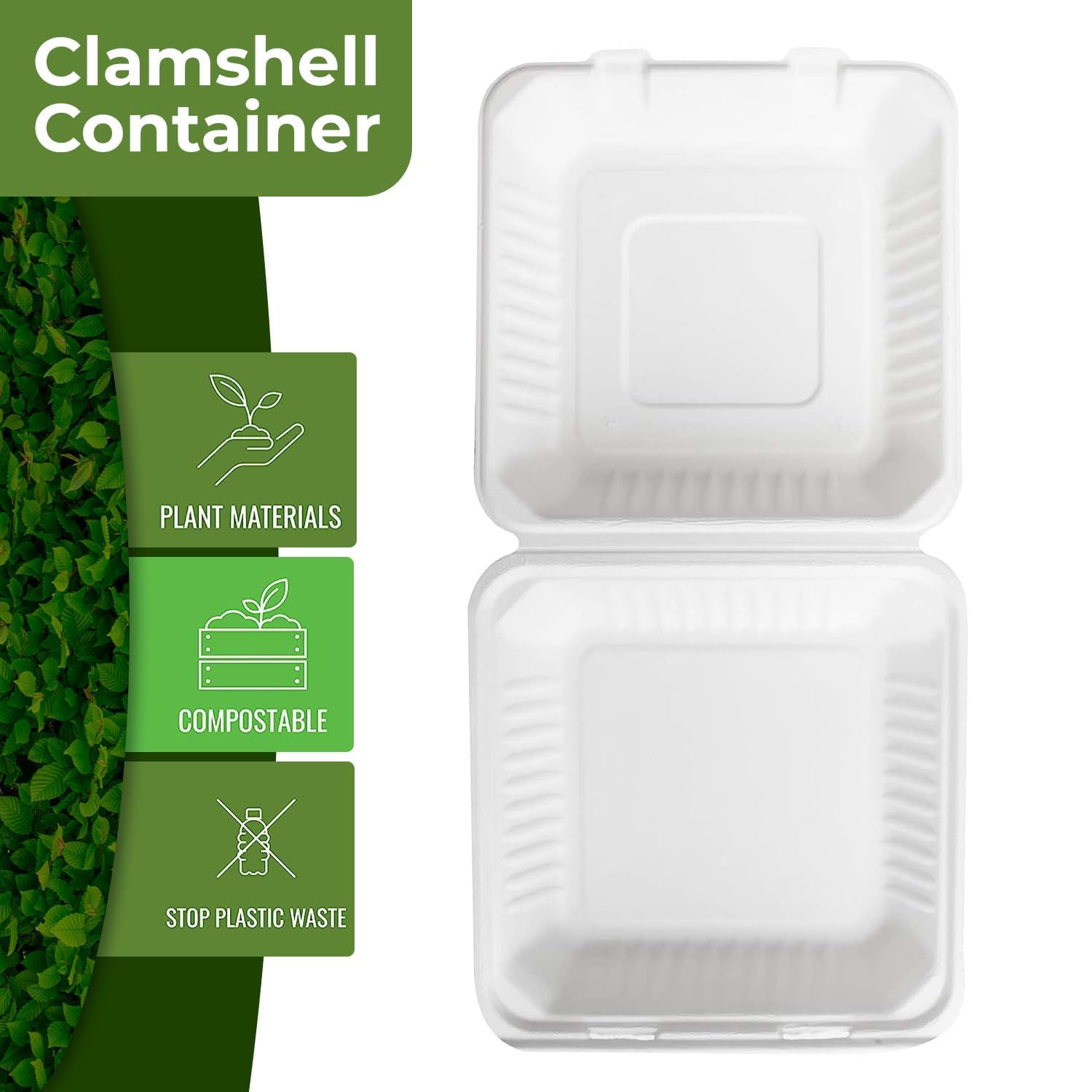 Urth Pak 9 inch” Biodegradable Take-Out Food Containers - Pack of 100 - Compostable TO-GO Boxes with Built-In Hinged Lid - Sustainable Material, To Go Boxes for Food, Clamshell Food containers, 9x9