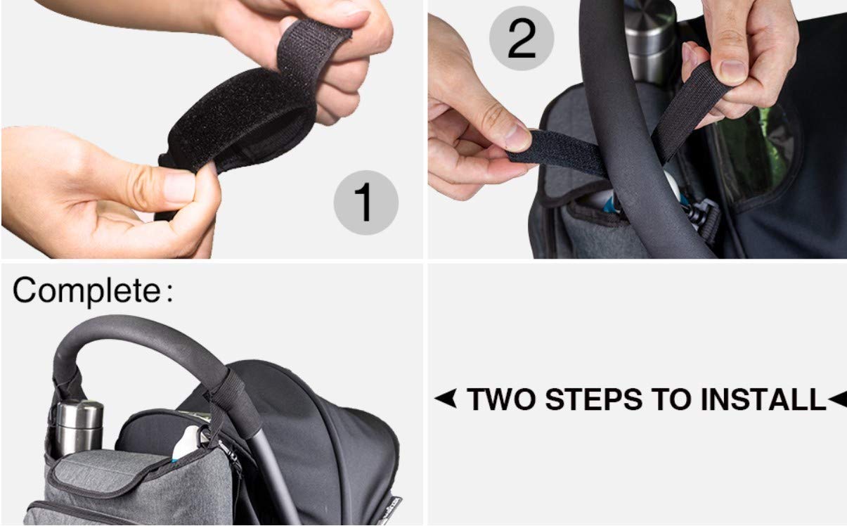 Universal Baby Stroller Organizer with Two Cup Holders Inside; Unique Tissue Bag at Front, and Detachable Shoulder Strap Attached.