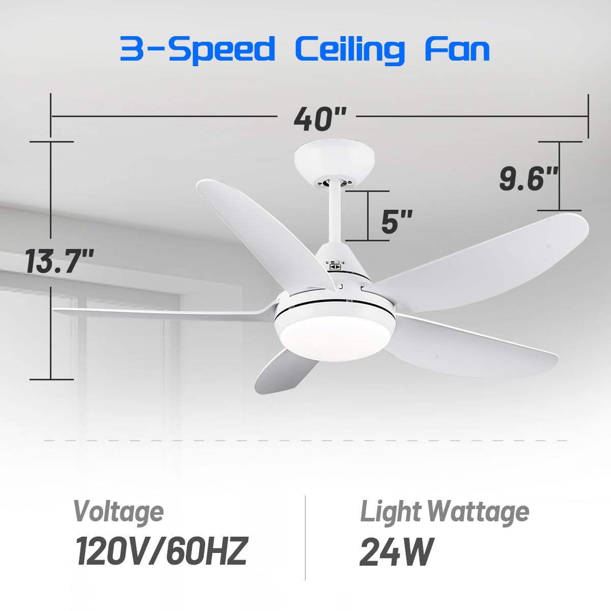 wurzee Ceiling Fan with Lights Remote Control, 40 Inch, Ceiling Fans 24W LED, Reversible Motor, 3-Speed, Dimmable Light, 5 Blades, White Outdoor Ceiling Fan for Farmhouse, Kitchen, Hallway, Foyer