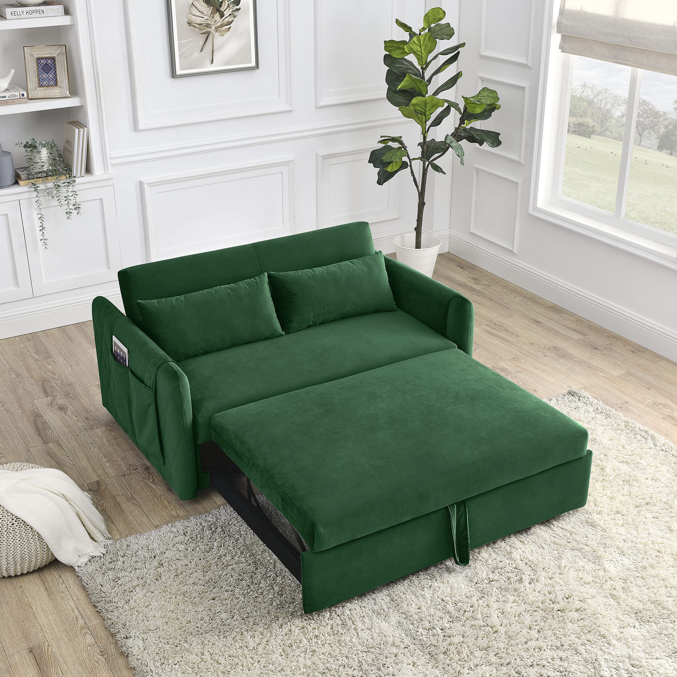 Ucloveria Sleeper Bed Sofa Bed, 3-in-1 Pull Out Couch Bed with 2 Detachable Arm Pockets/Adjustable Back Loveseat Futon Sofa Couch for Living Room Bedroom, Velvet Black