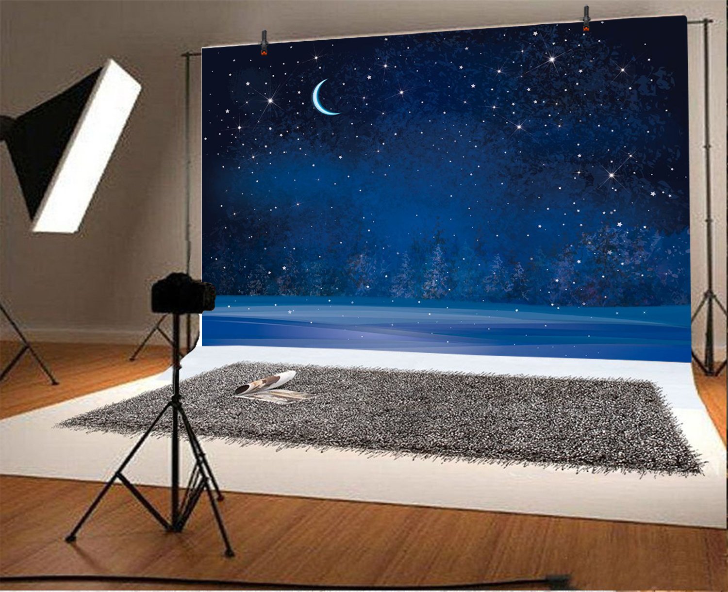 Yeele 8x6ft Winter Night Snowfall Snowflake Photography Backdrops Starry Sky Moon Blurry Fir Trees Pine Forest Background Merry Christmas Happy New Year Party Banner Decoration Studio Props