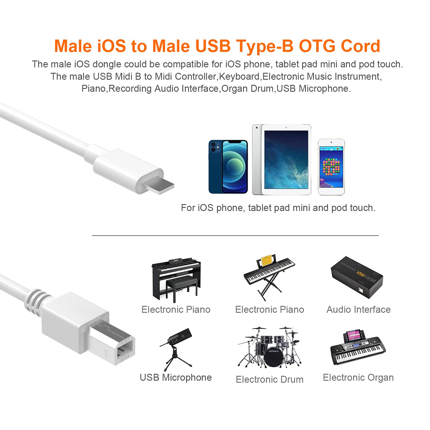 zeilala USB Midi B to i-OS Phone OTG Cable Connector Compatible for Midi Controller,Keyboard,Electronic Music Instrument,Piano,Recording Audio Interface,Organ Drum,USB Microphone.(3.3Ft)