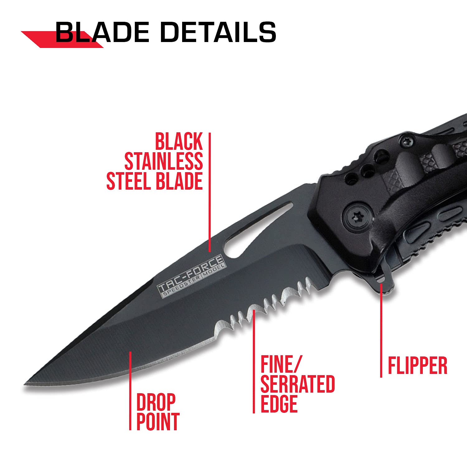 TAC Force- Spring Assisted Folding Pocket Knife โ Black Stainless Steel Blade with Black Aluminum Handle, Bottle Opener, Glass Punch and Pocket Clip, Tactical, EDC, Rescue - TF-705 , 3.25 inch blade
