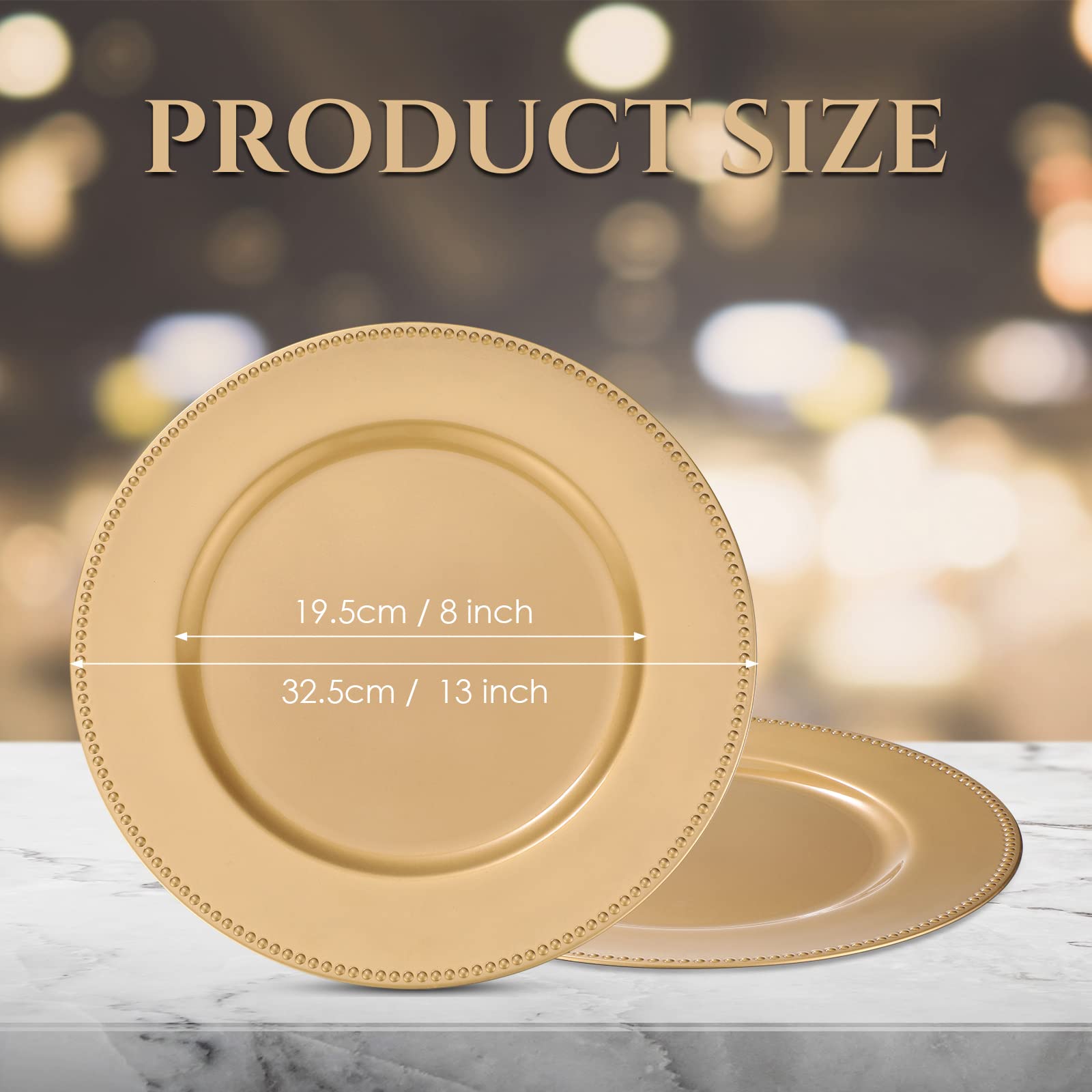 Zopeal 18 Pack Round Charger Plates Bulk 13 Inch Plastic Plate Chargers with Beaded Rim Disposable Dinner Charger Plates for Wedding Halloween Christmas Party Event Table Setting Decoration (Gold)