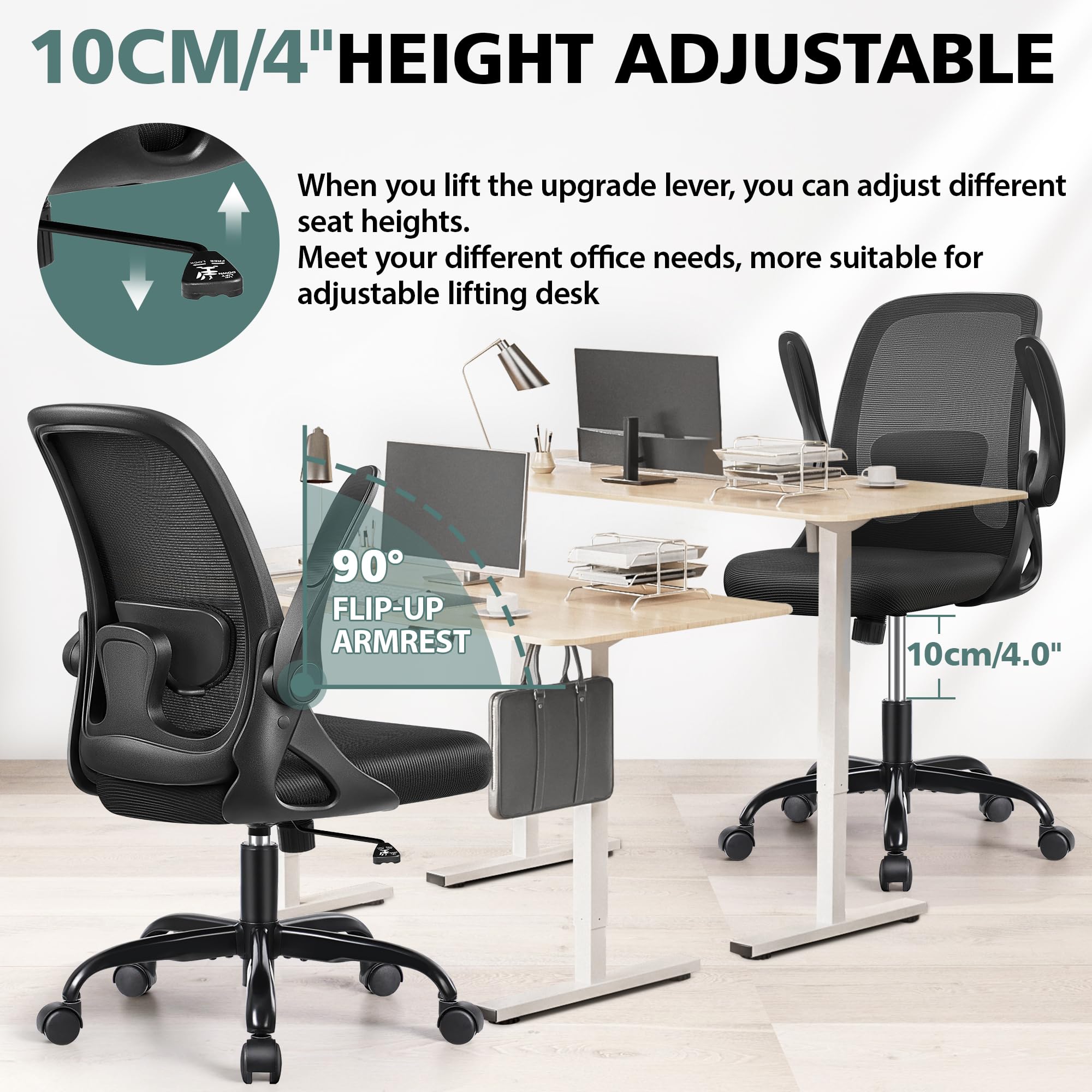 Winrise Office Chair Ergonomic Desk Chairs with Lumbar Support and Flip-up Arms, Comfortable Breathable Mesh Computer Executive Chair with Swivel Task, Adjustable Height 4'', Home - Black