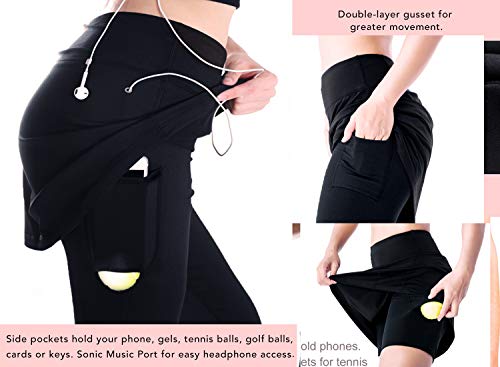 Yogipace Women's UV Protective Capri Leggings with Skirt, Running Skirted Capri, Active Skort with Golf Tennis Ball Pockets, Black, XS