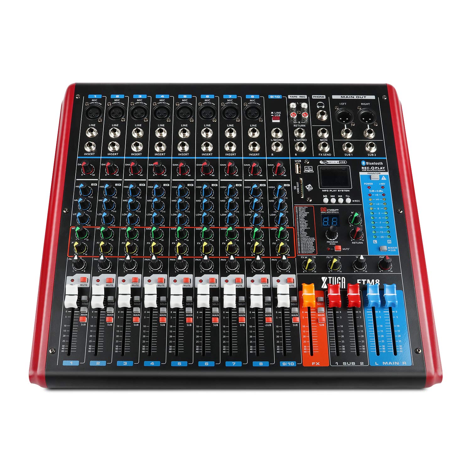 XTUGA FTM8 8-Channel Professional Audio Mixer Sound Built-in 99-bit DSP Digital effect with Recordable function and Digital display MP3,Bluetooth,USB,EQ,Effects (8-Channel)