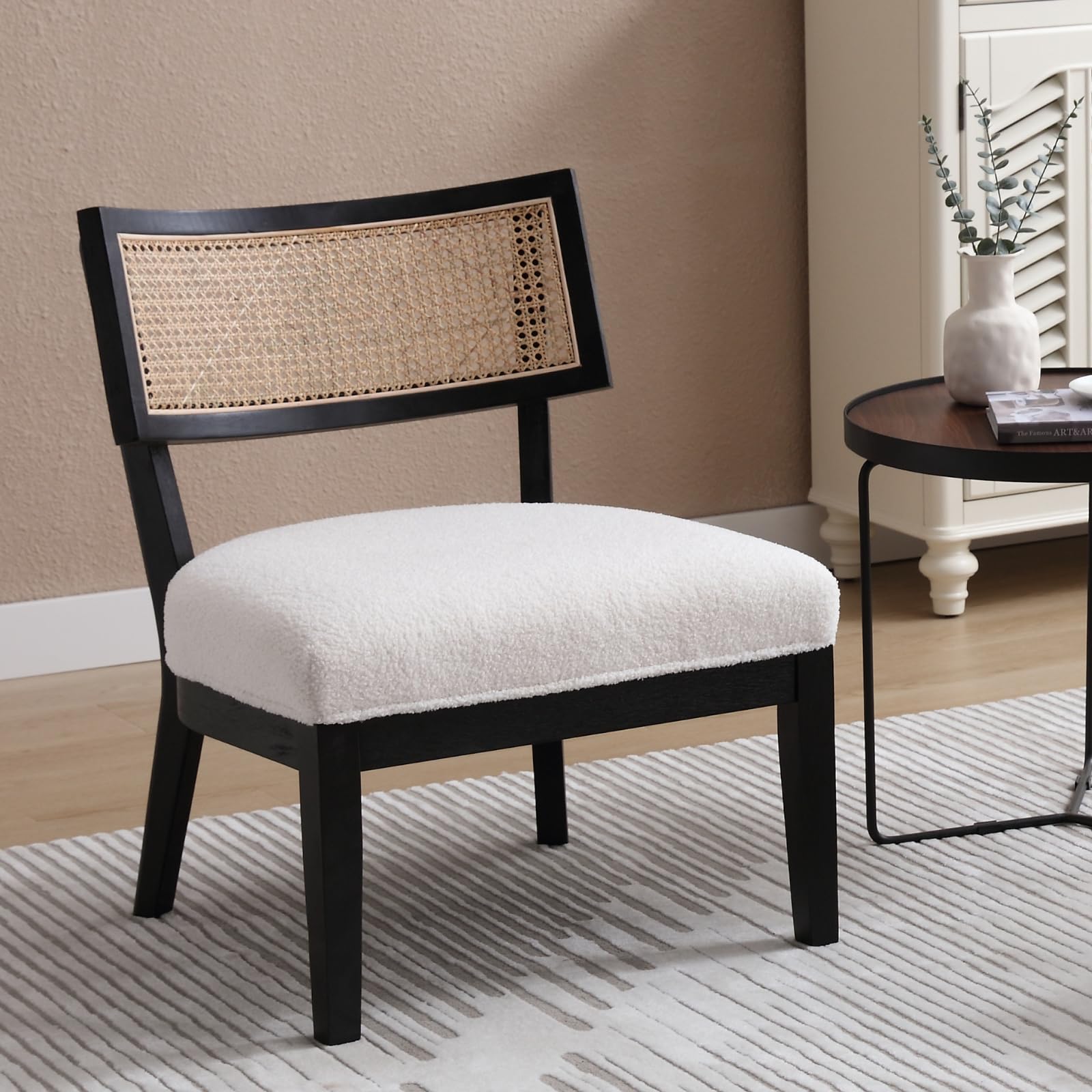 ZSARTS Modern Rattan Accent Chairs, White Sherpa Armless Upholstered Chairs with Cane Back Reading Chairs Lounge Chairs for Living Room/Bedroom/Reception, White…