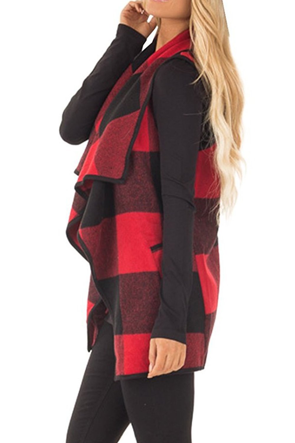 YACUN Women Buffalo Plaid Vest Lapel Open Front Sleeveless Cardigan Jacket Coat Outerwear with Pockets Red S