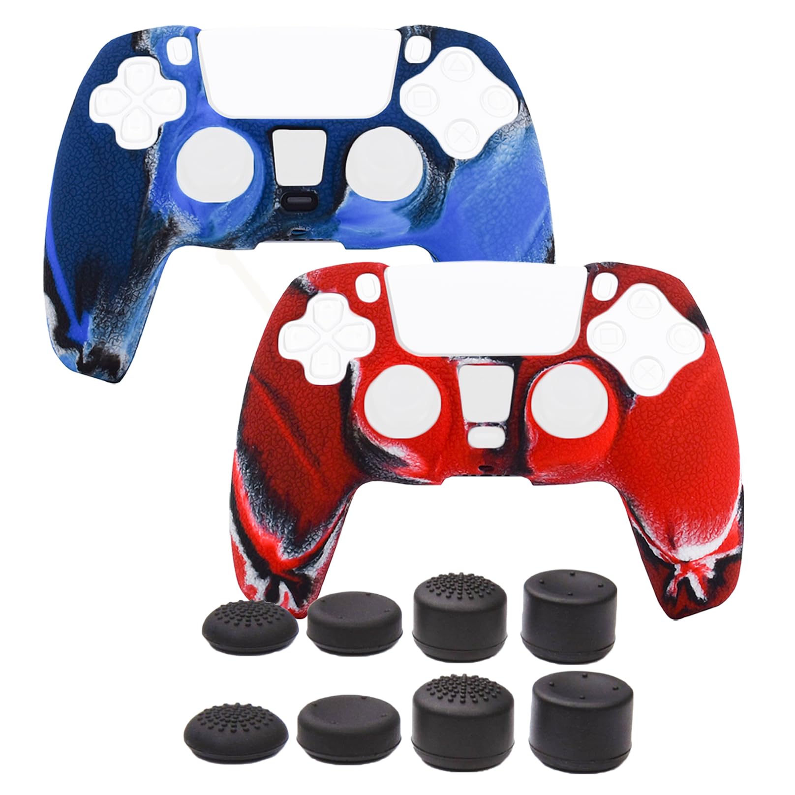 Skin for PS5 Controller Grips,Pandaren Skin Texture Pattern Cover for PlayStation 5 Sweat-Proof Anti-Slip Silicone Cover Hand Grip x 2 with 8pcs FPS Pro Thumb Stick Cap Protector(Camouflage Blue&Red)