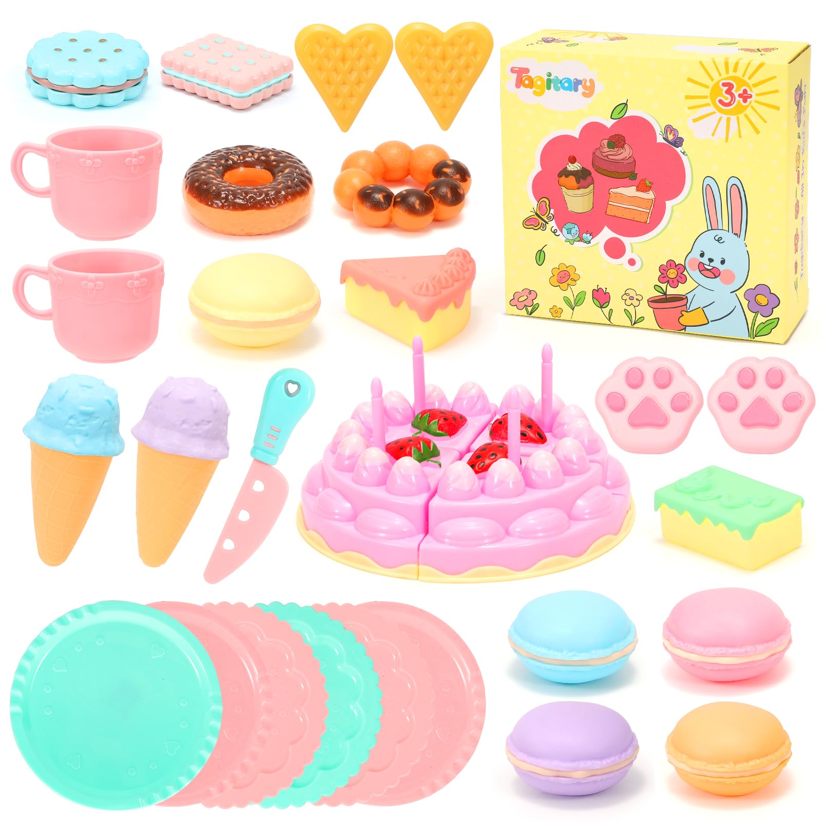 Tagitary Tea Party Set for Little Girls,30 PCS Kitchen Pretend Play Toys Kids Plastic Toys Tea Set,with Cake Dessert,Ice Cream,Cups&Plates,Play Kitchen Accessories Birthday Gift for Kids Toddlers