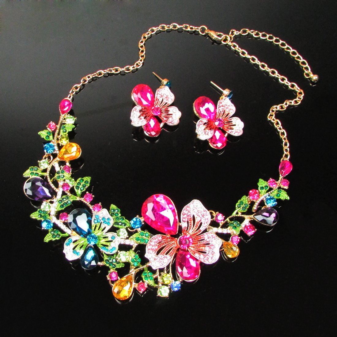 Yuhuan Women Costume jewelry Crystal Statement Necklace and Earrings Sets Chunky Jewelry Set (Style1)
