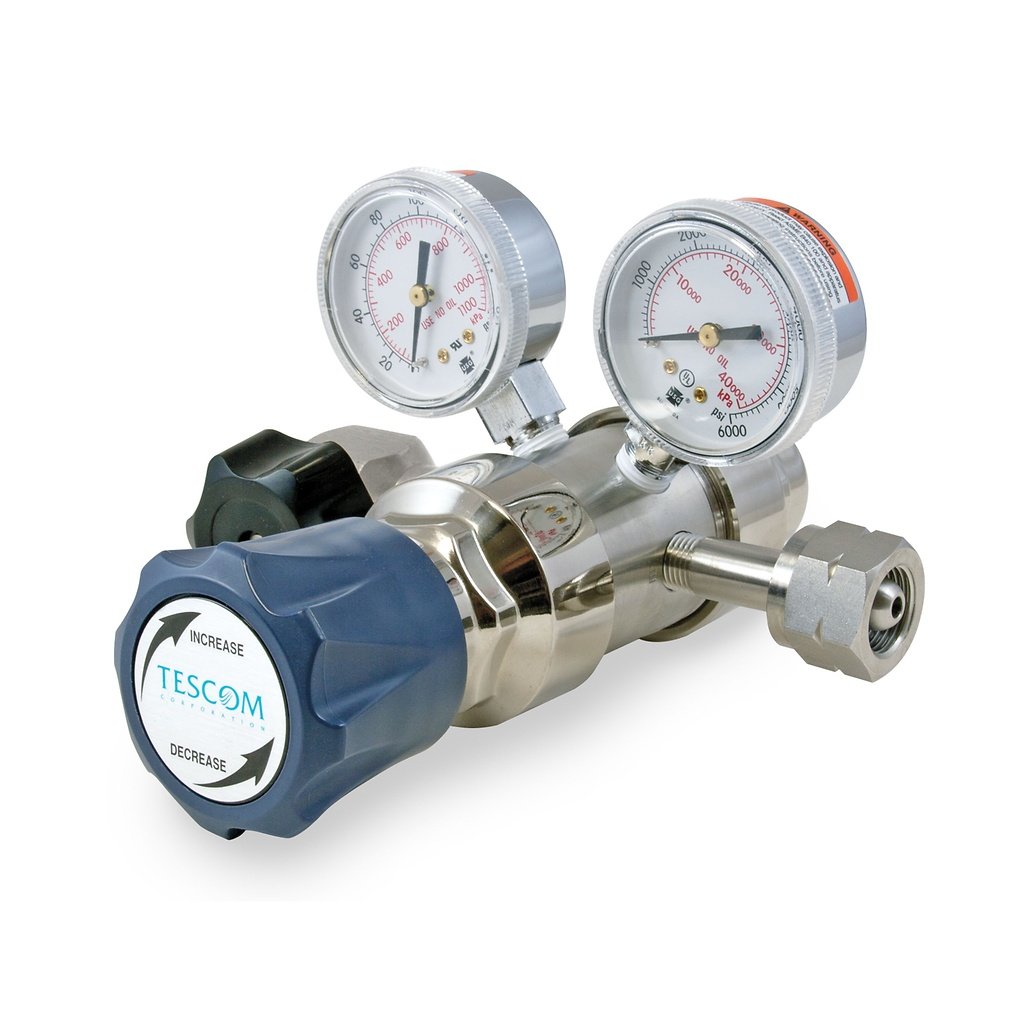TESCOM SG2P4100-00A1A SG2 Two-Stage Pressure Regulator, Plated Brass Body, 0-125 PSIG, SST Diaphragm, 6 Port, 1/4" NPTF, Gauges, Relief/Outlet Valve