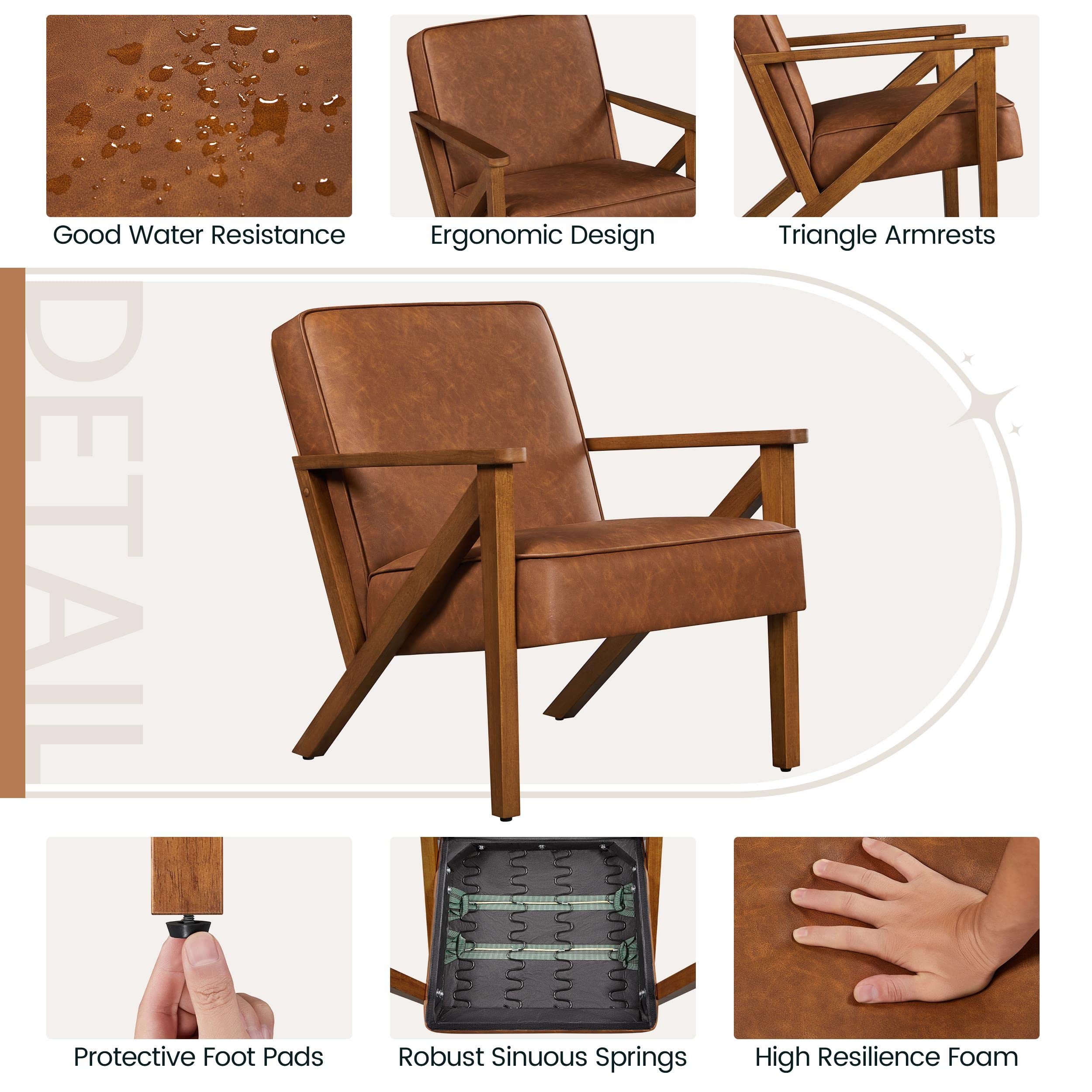Yaheetech Accent Chair, Armchair with Strong Wood Frame, PU Leather Modern Retro Lounge Chair for Living Room/Lounge/Office/Reception Area, 2 Pieces, Light Brown