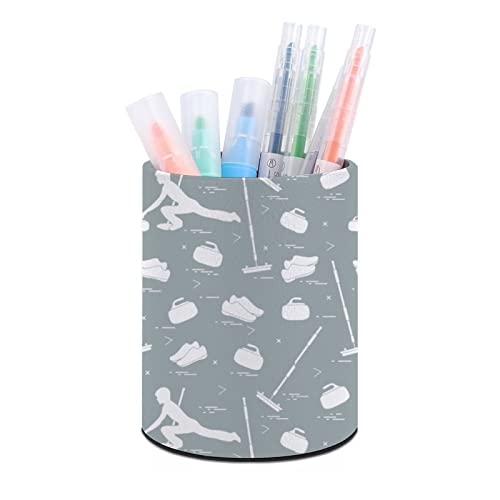 Winter Curling Sports Athlete Pen Holder PU Leather Pencil Cup Cute Desk Organizer Makeup Brush Box for Home Office