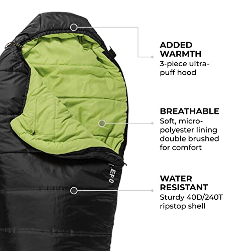 TETON Sports Leef Mummy Sleeping Bag - Lightweight Sleeping Bag for Backpacking, Camping, and Hiking - Cold-Weather Sleeping Bag - Camping Accessory with Drawstring Compression Sack - Long 0℉, Black