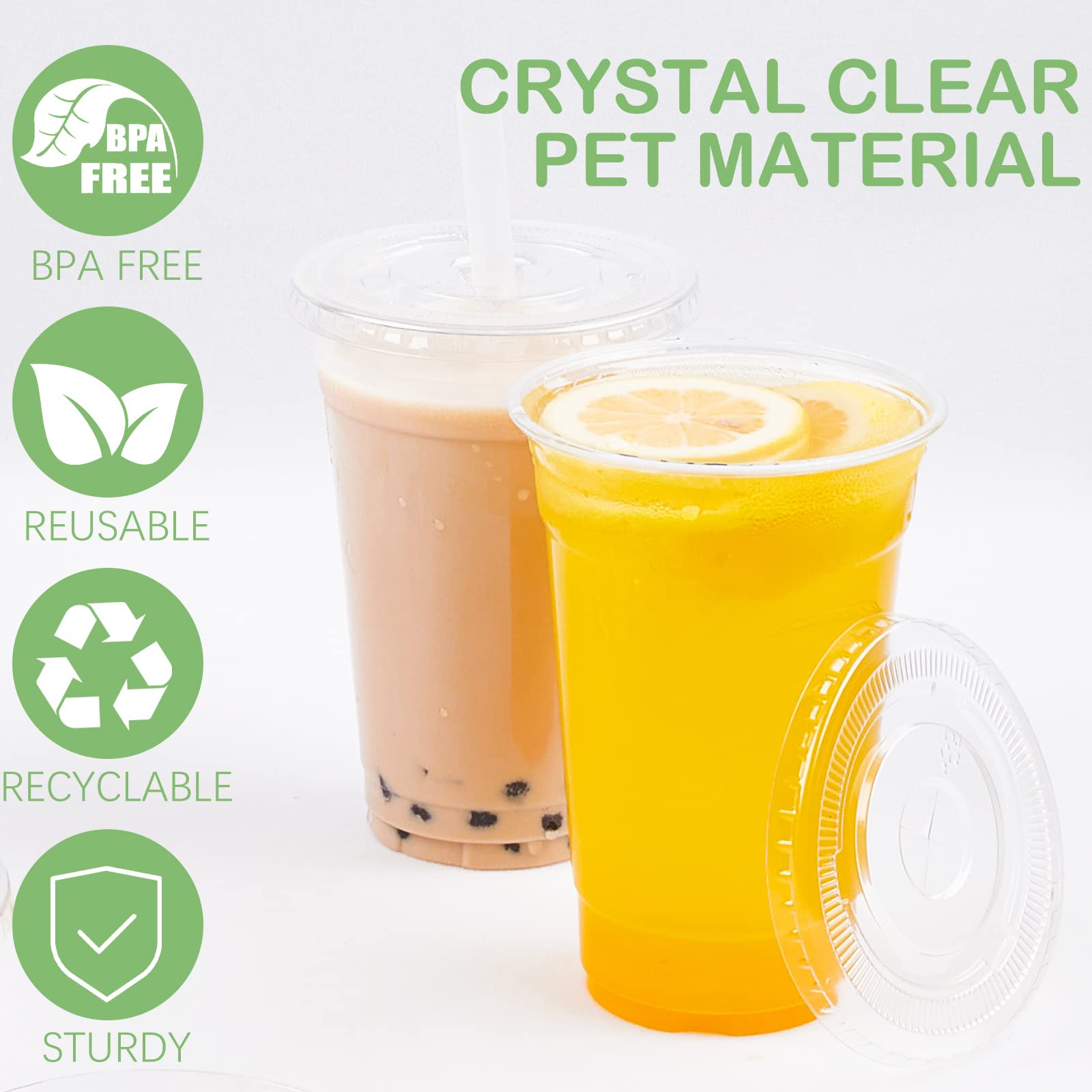 Zezzxu 50 Pack 20oz Clear Plastic Cups with Hole Flat Lids and Straws, Crystal Clear PET Disposable Party Cups for Cold Drinks, Iced Coffee, Juice, Smoothie, Milkshake