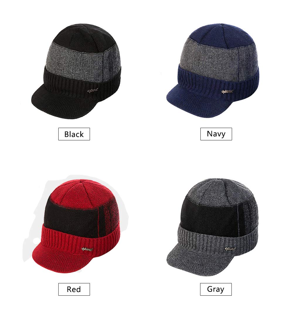 YOYEAH Men's Outdoor Newsboy Hat Winter Warm Thick Knit Beanie Cap Fleece Lined Skull Ski Cap with Visor Blue