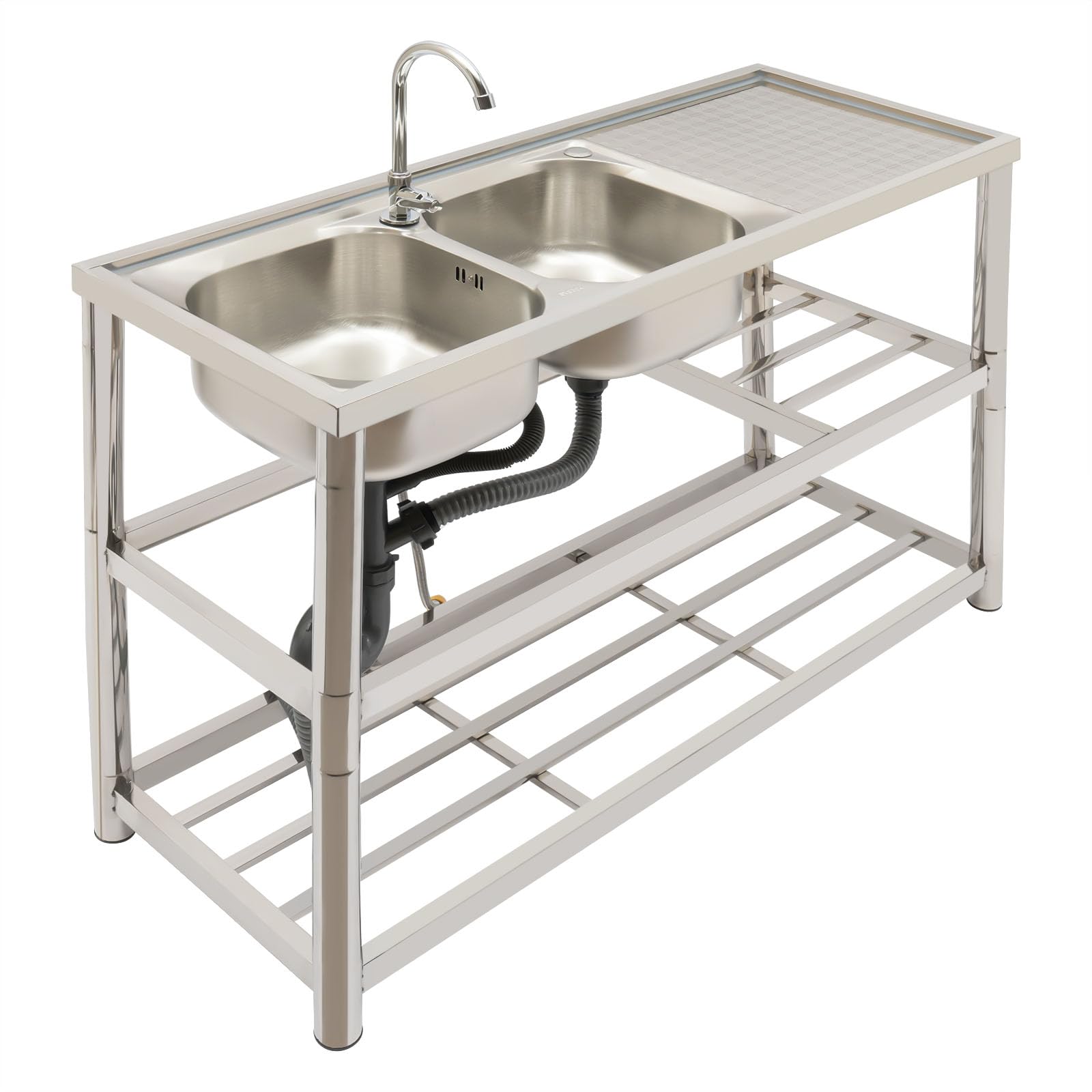 WINUS Free Standing Stainless-Steel Double Bowl Commercial Restaurant Kitchen Sink Set w/Faucet & Drainboard, Prep & Utility Washing Hand Basin w/Workbench & Double Storage Shelves Indoor Outdoor