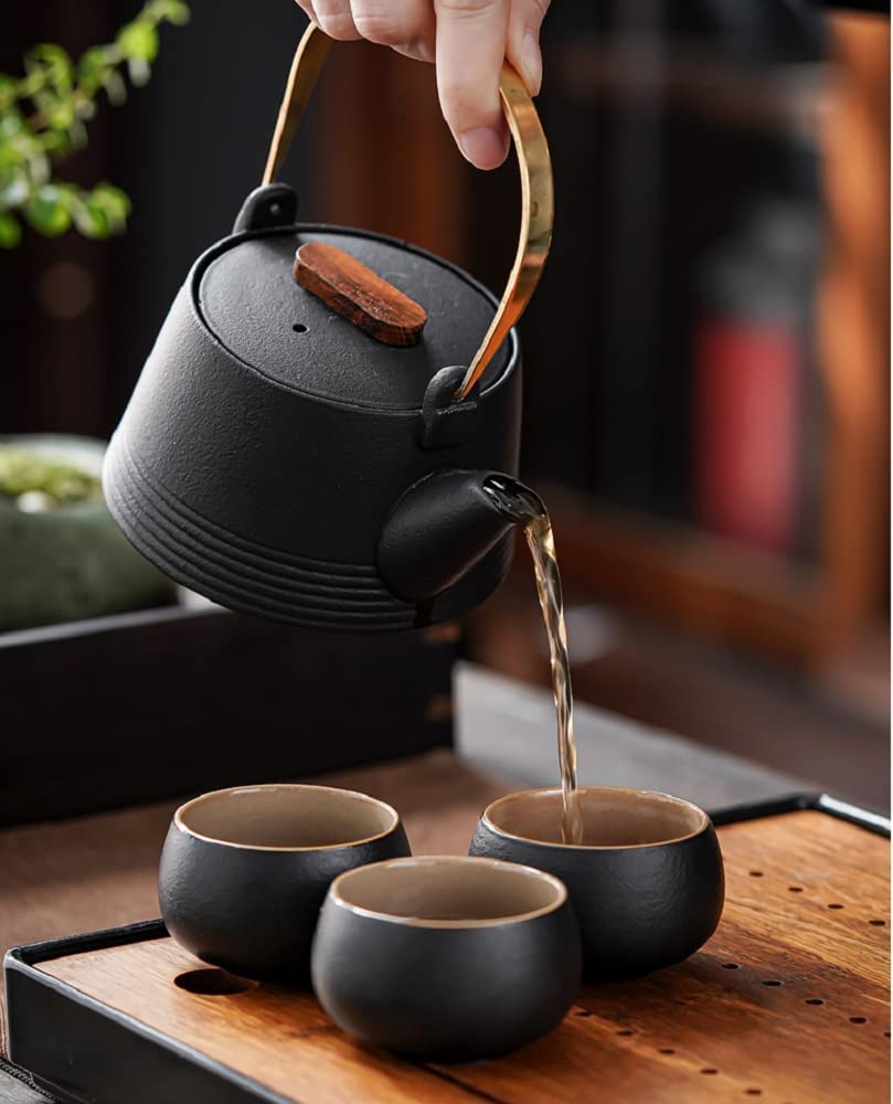TRENDVEI Japanese Coarse Pottery Tea Set, Chinese Kungfu Loop-Handled Teapot with Infuser, 4 Cups and 1 Tea Tray