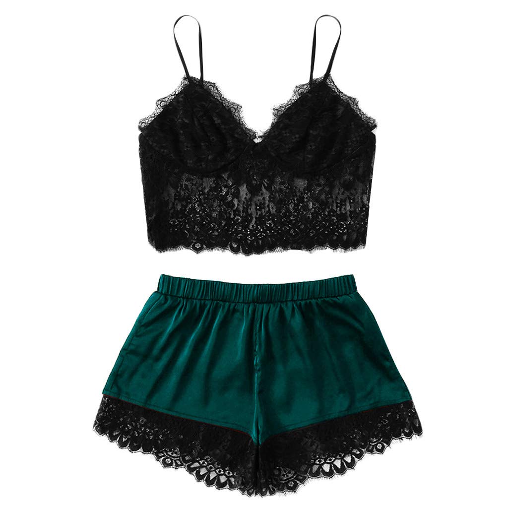 Youmymine Women's New Sexy Lace Sling Satin Sleepwear Lingerie Temptation Babydoll Underwear Nightdress Nightwear (L, Green)