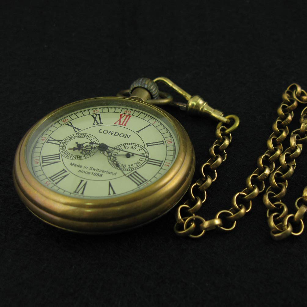 VIGOROSO Men's Vintage Full Copper Hand-wind Mechanical Second&24hours Sub-dials Pocket Watch in box