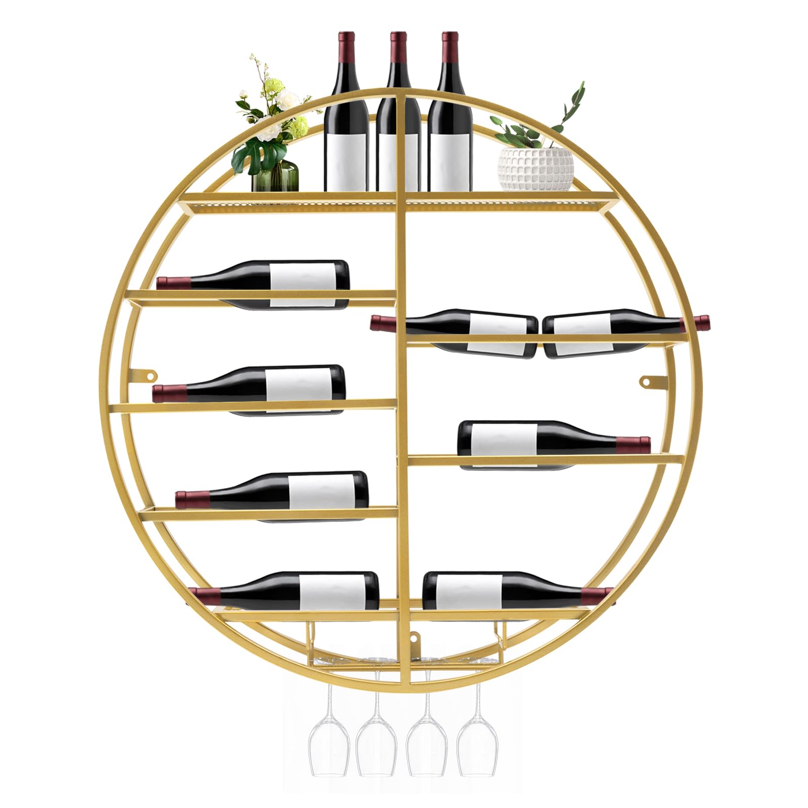 Wine Shelf Wall Mounted, Round Wine Glass Rack Wall Mounted, Metal Hanging Wine Display Holder Organizer, Gold Wine Racks for Home Kitchen Bar Decor Storage, Suitable Goblet Diameter:2.76-3.54in
