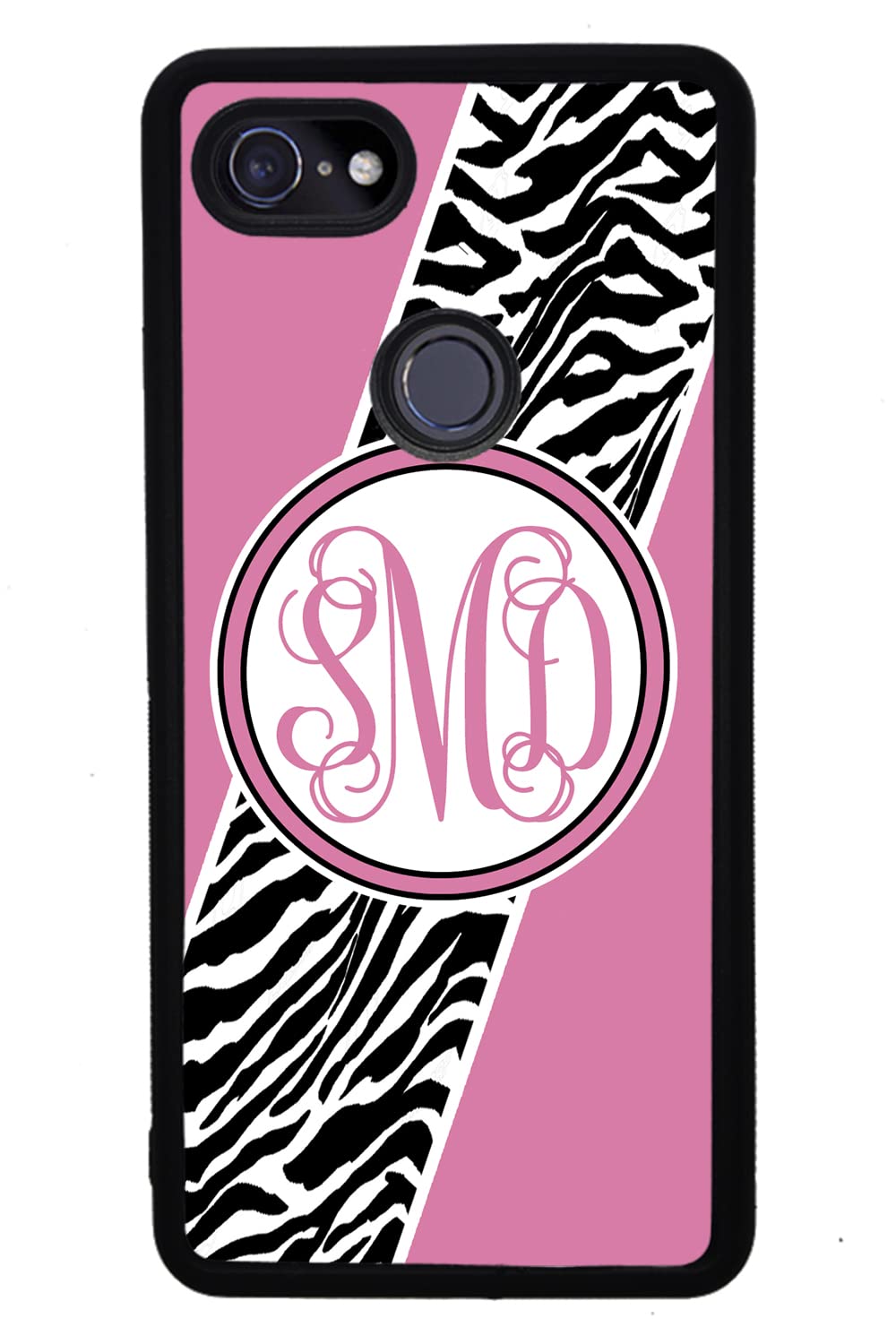 Zebra Animal Skin Pink Script Monogram Black Rubber Phone Case Compatible With Google Pixel 8 Pro, 8a, 8, 7a, 7, Pixel 7 Pro, 6a, Pixel 6 Pro, 6, 5, 4a 5G, 4a 4G, 4, 4 XL, 3a, 3a XL, 3, 3 XL, 2