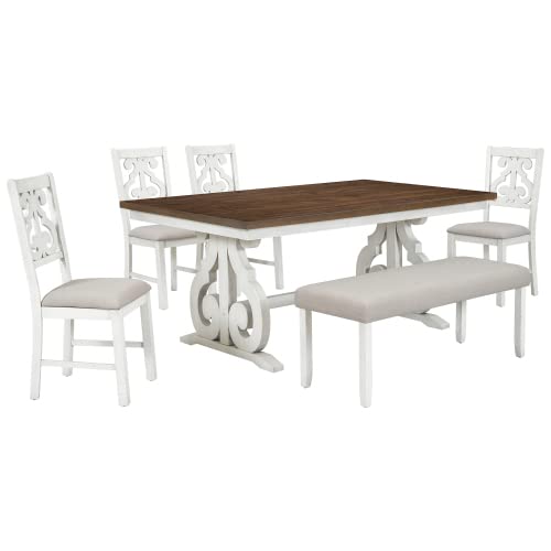 TREXM 6-Piece Wooden Dining Table Set, Farmhouse Rectangular Dining Table, Four Chairs with Exquisitely Designed Hollow Chair Back and Bench for Home Dining Room (Gray+White) (Brown+White)
