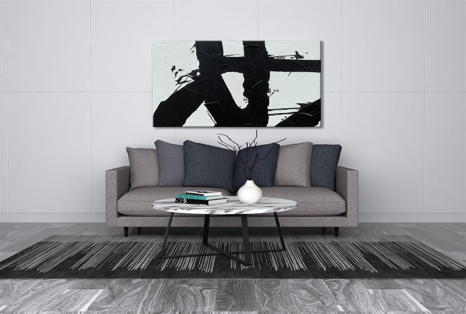 zoinart Large Canvas Wall Art, Black and White Abstract Wall Art 30x60 Inches Modern Canvas Paintings Minimalist Textured Wall Art Framed Artwork for Walls