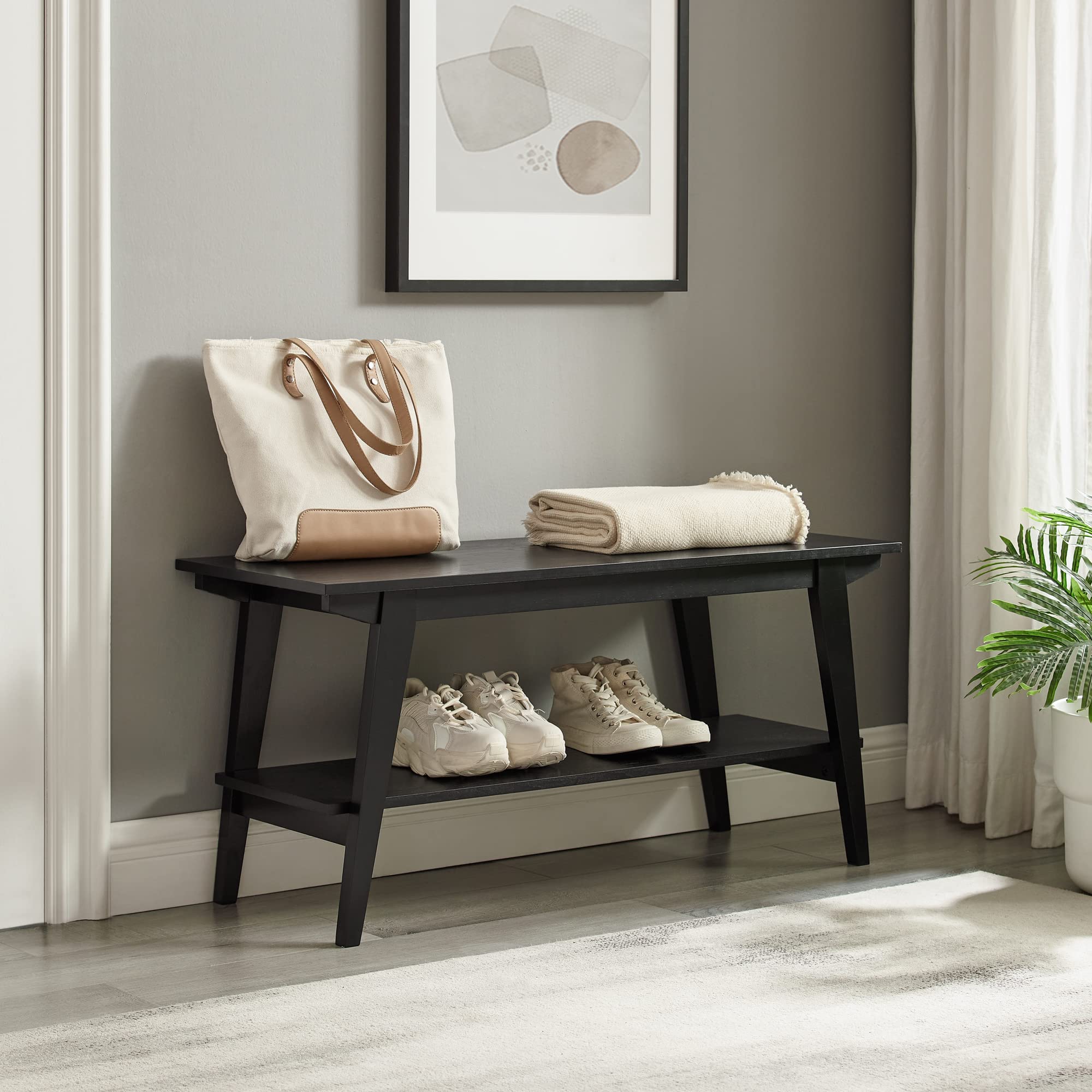 Walker Edison Sibu Japandi Minimalist Entry Bench with Lower Shelf, 39 Inch, Black