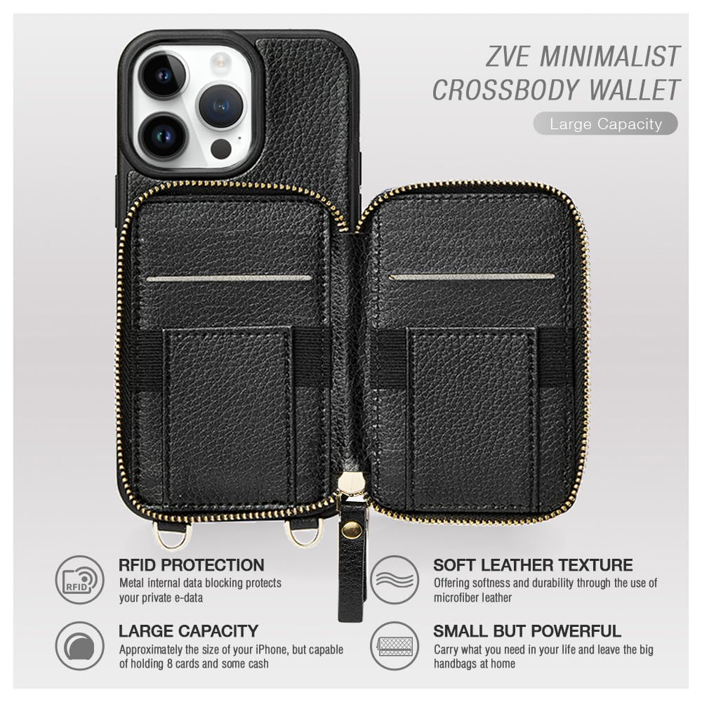 ZVE for iPhone 15 Pro Wallet Case (6.1 inch), Crossbody Phone Purse with Card Holder for Women, Zipper Leather RFID Blocking Carrying Cover with Wrist Strap for iPhone 15 Pro- Black