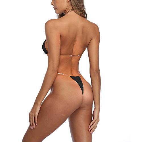 SHERRYLO Clear Straps Thong Bikini Swimsuit for Women Cheeky Brazilian Thongs Bikinis Sexy No Tan Line String Bathing Suits