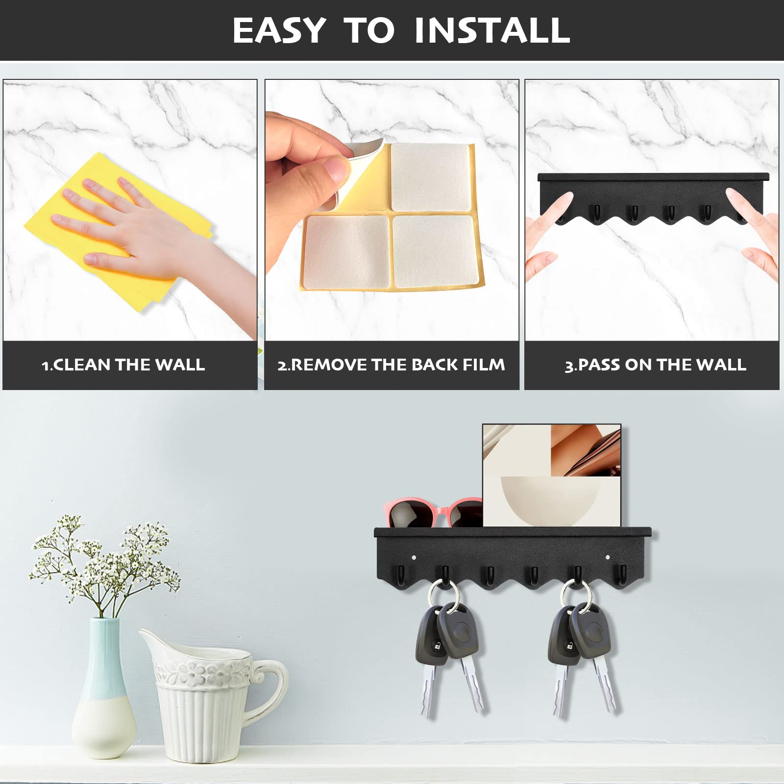 Wapodeai Key Rack with Tray, Self Adhesive or Screw Dual Use Key Rack with Small Shelf and 6 Metal Hooks, Key Holder for Wall Decorative, Suitable for Office, Foyer, Kitchen, Hallway (Black)