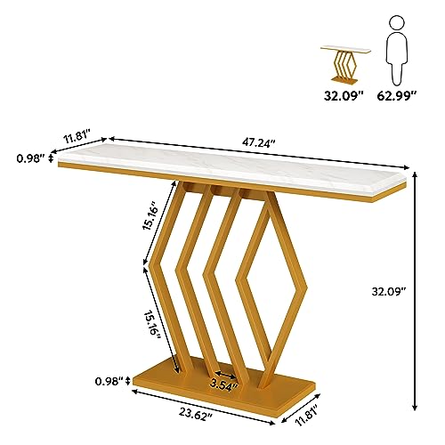 Tribesigns Gold Console Table, 47 Inch Faux Marble White Entryway Sofa Table with Geometric Base, Modern Narrow Accent Table Behind Couch for Living Room, Hallway, Foyer, Entrance