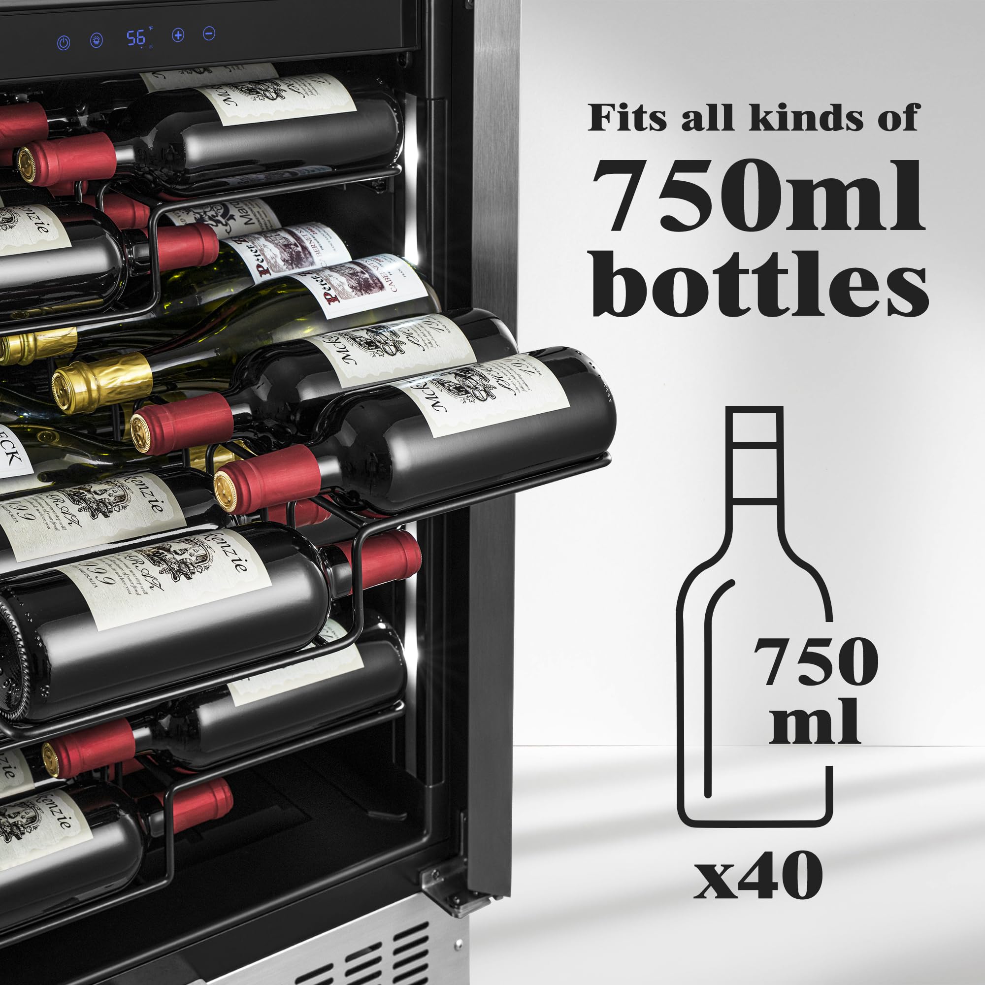 TRIFECTÉ Wine Fridge, 24" Wine Cooler Refrigerator Freestanding, 40 Bottles Wine Fridge Under Counter with Seamless Stainless Steel Door, Built-in Wine Cooler for Home, Kitchen, 4.87 cu.ft