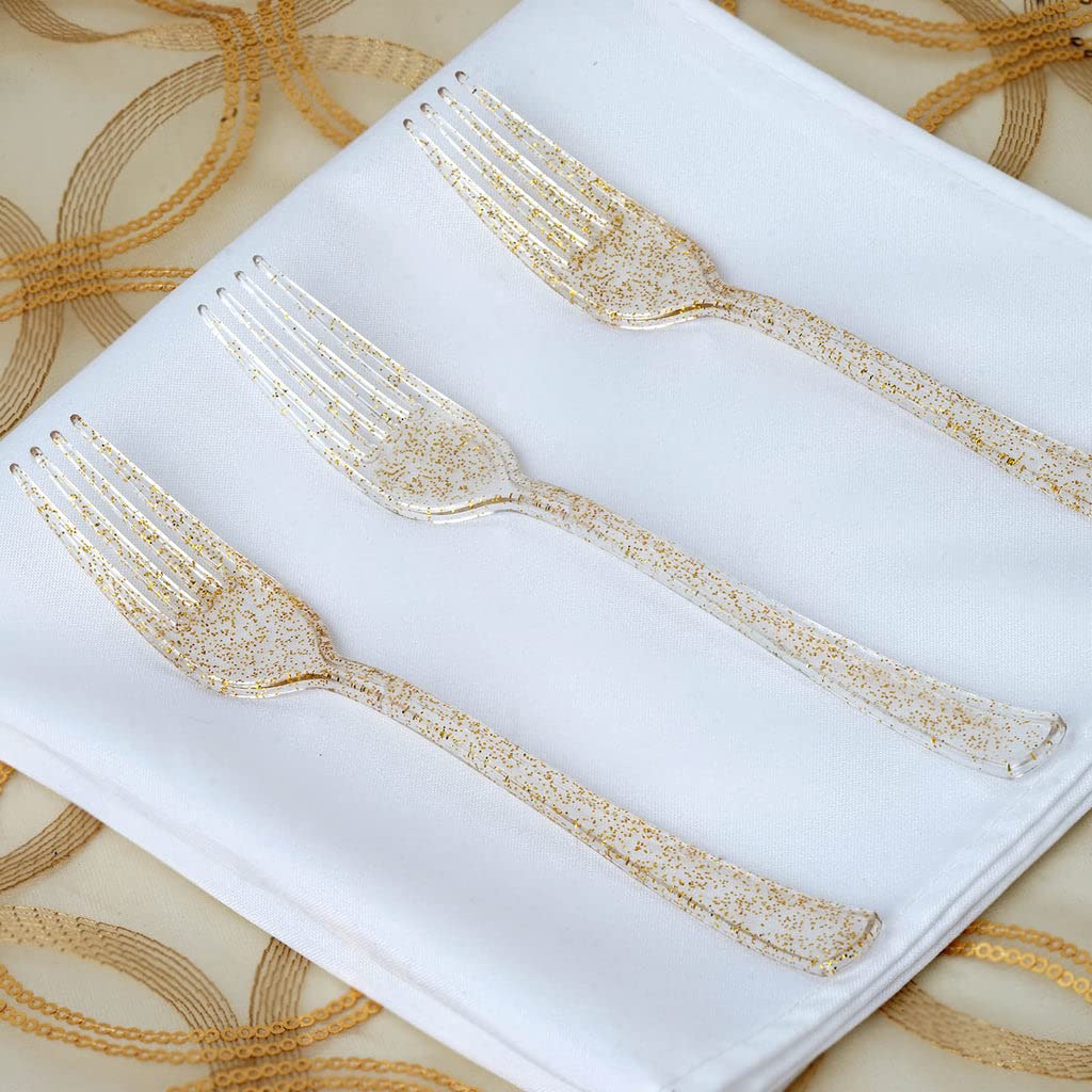 TABLECLOTHSFACTORY 100 pcs Gold Glittered Disposable Plastic Fork for Wedding Party Banquet Events Candy Buffets Dinnerware