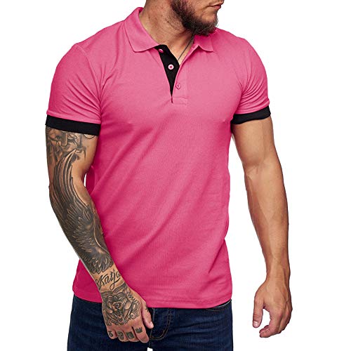 Zuoyouzi Men's Short Sleeve Casual Slim Fit Polo Shirts Basic Designed Classic Cut Cotton Shirts Pink