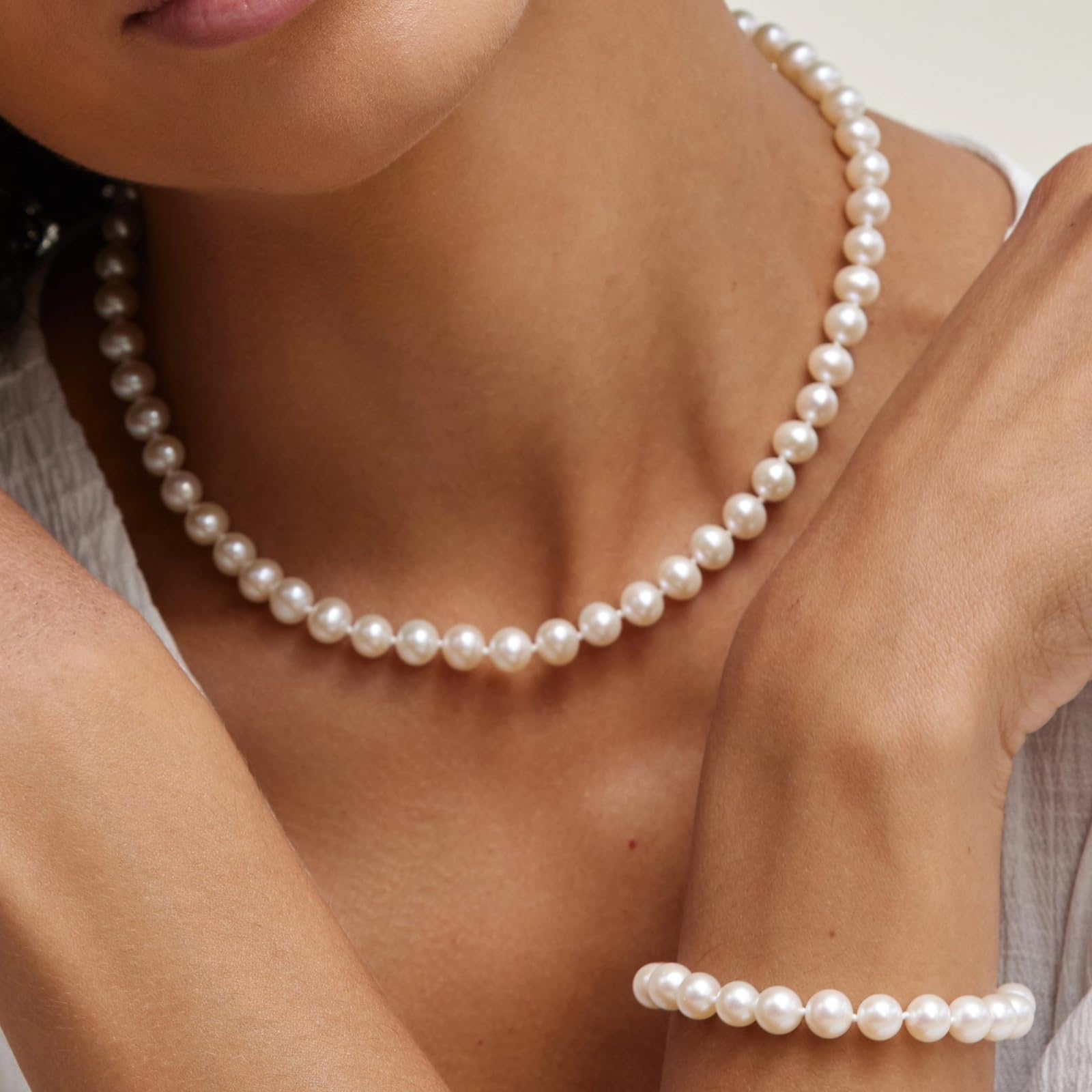 The Pearl Source Real Pearl Necklace for Women with 6.5-7.0mm AAA+ Quality Round White Freshwater Genuine Cultured Pearls | 18 inch Pearl Strand with 14K Gold Clasp