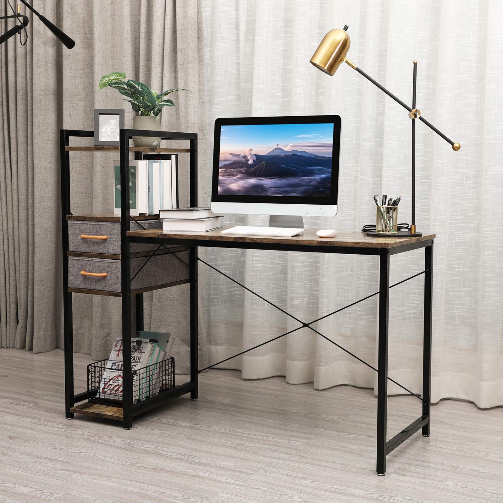 X-cosrack Computer Desk with Shelves Drawer, 53" Reversible Home Office Study Writing Table with Storage Bookshelf, Laptop Notebook PC Coner Desk, Rustic Industrial Style, Vintage Brown