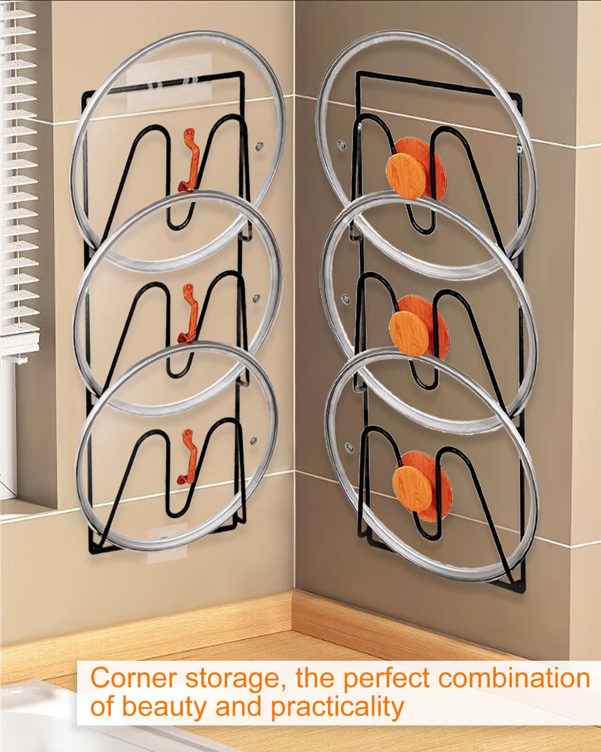 Whtawtaw 2 Pack Iron Pot Lid Organizer Rack, 6-Tier V-Wall Pot Lid Holder, Rust Resistant, Black