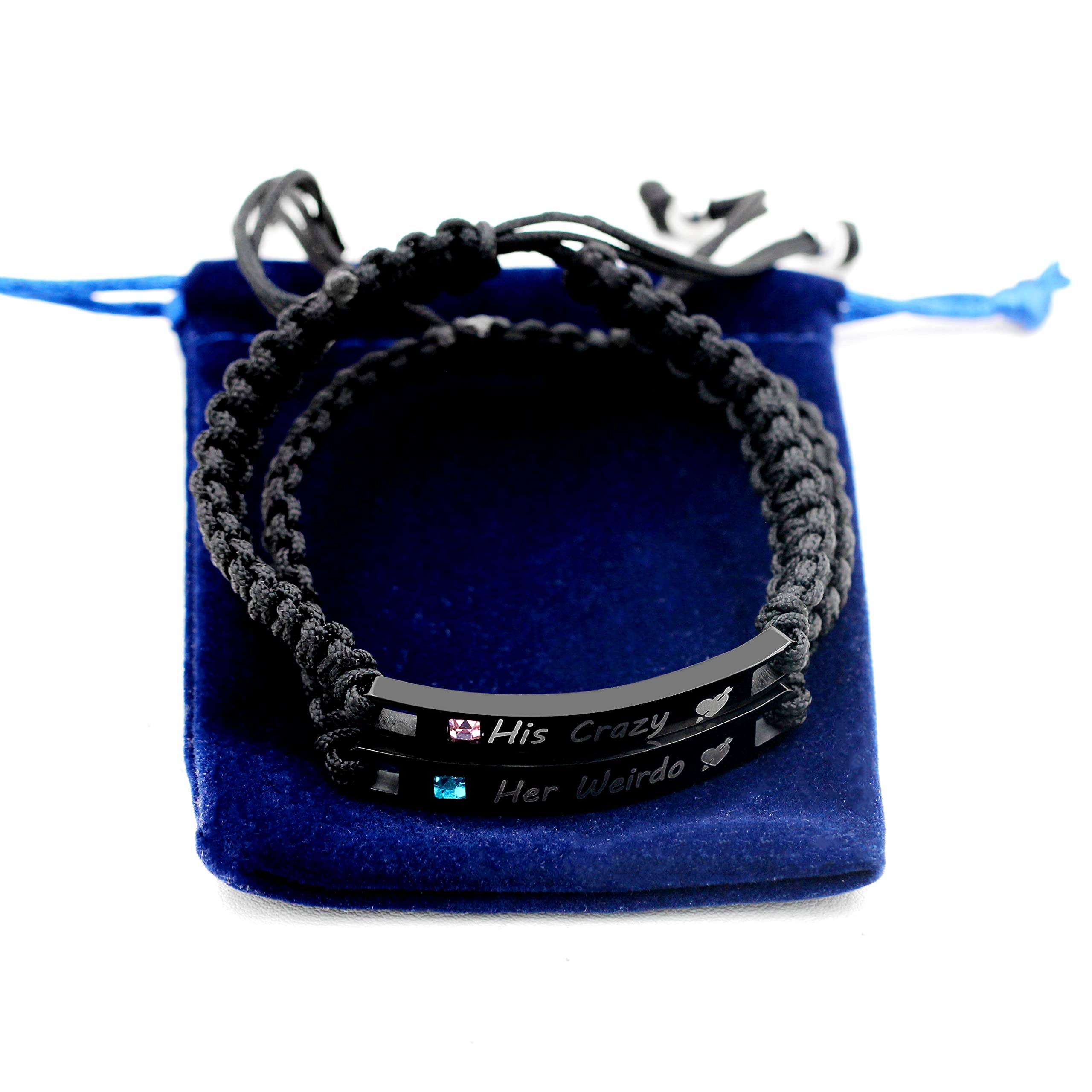 Uloveido 2pcs His Crazy Her Weirdo Bracelets Set for Couples Handmade Braided Black String Couples Bracelets for Boyfriend Girlfriend Men Women Birthday Valentine's Day Gift Y781